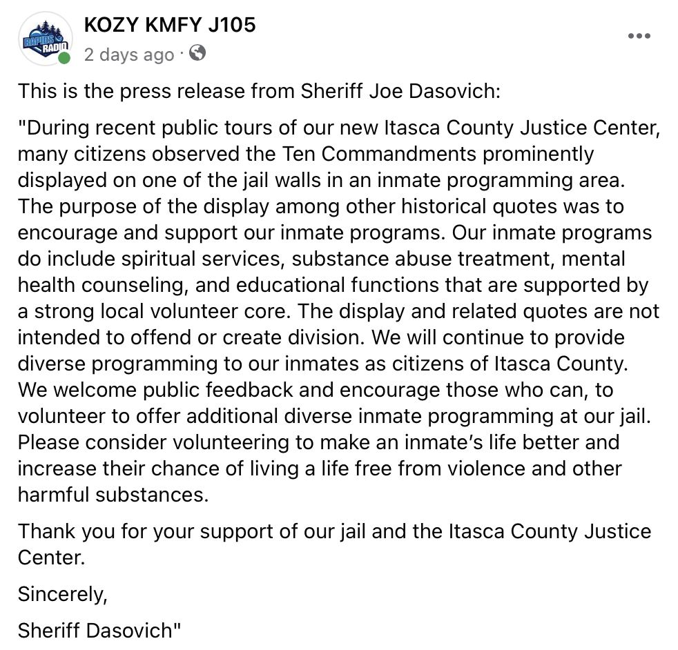 Itasca Co. Sheriff Joe Dasovich Stands up for Ten Commandments Painted ...